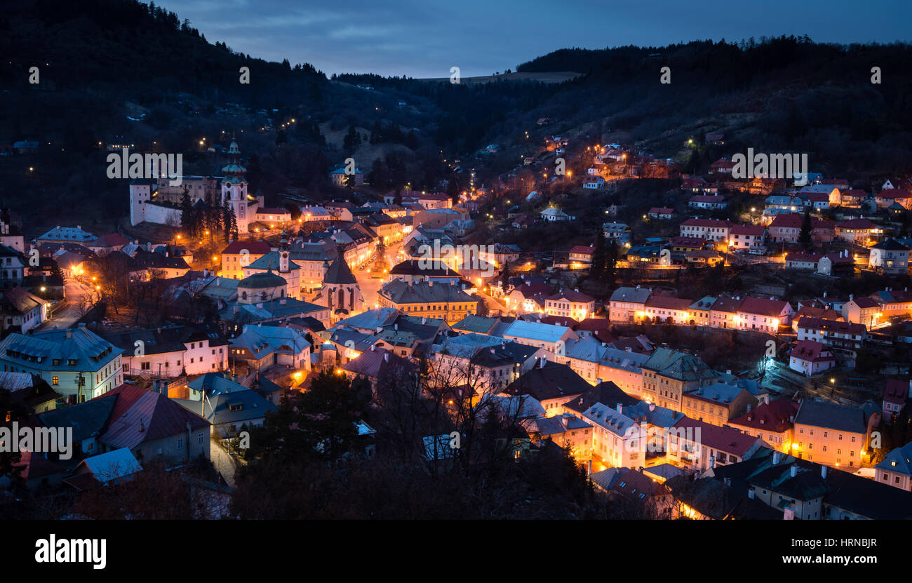 Historical medieval mining town Banska Stiavnica at night, Slovakia ...