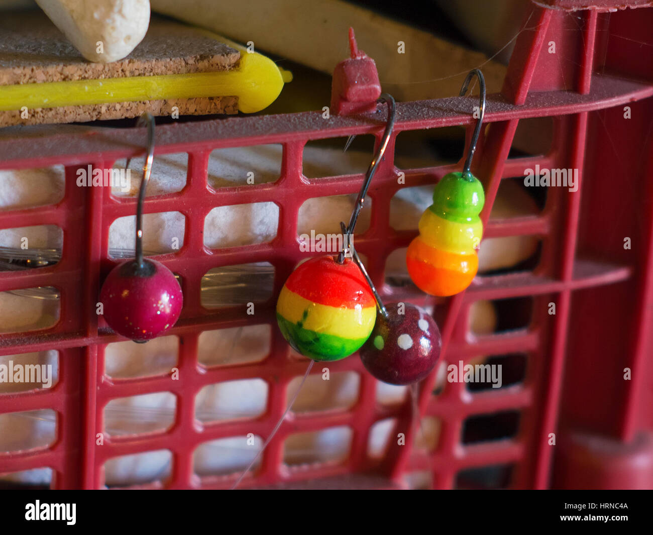 The brightly colored floats with hooks for catching mullet Stock Photo ...