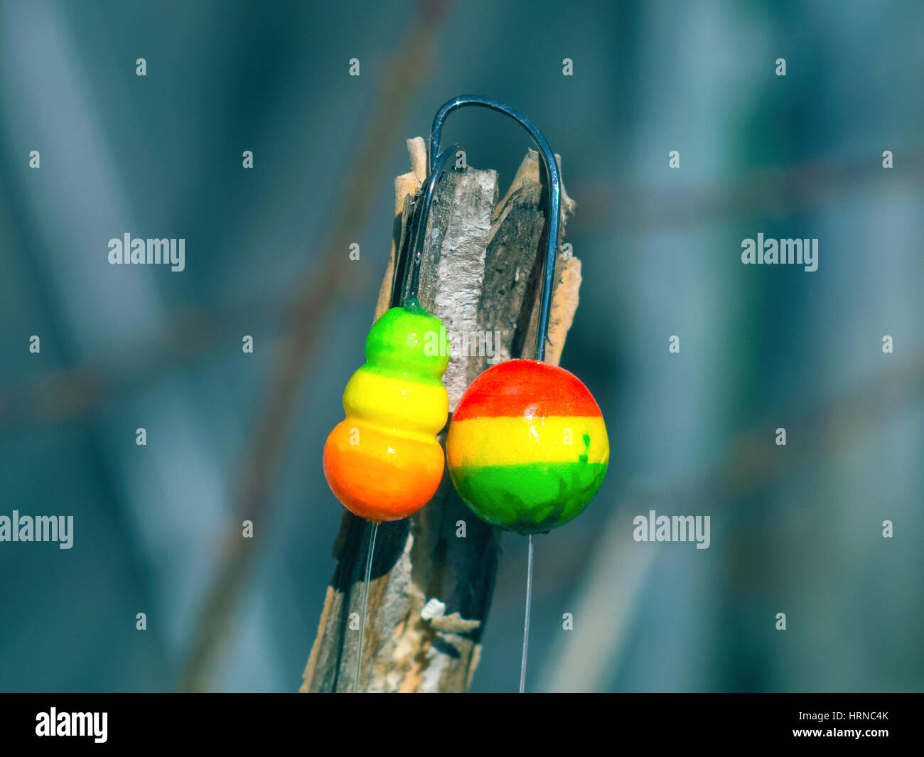 two colorful float with a hook for fishing Stock Photo - Alamy