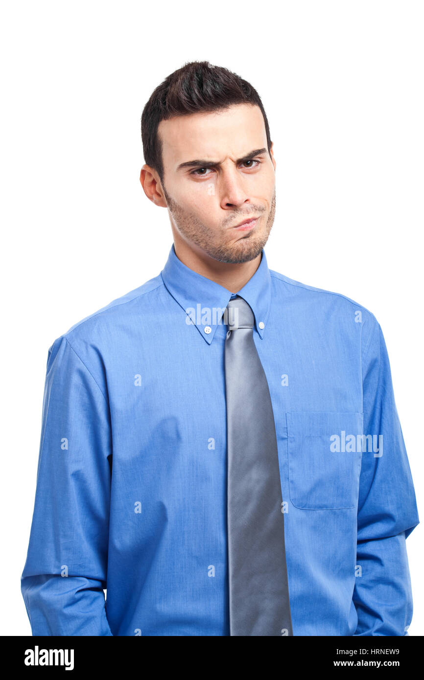 Suspicious businessman isolated on white Stock Photo - Alamy