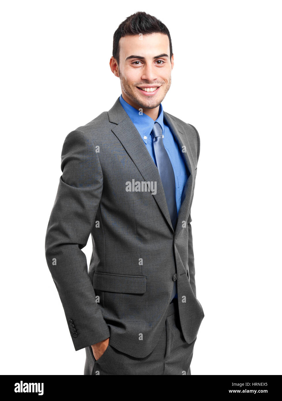 Happy manager against white background Stock Photo - Alamy