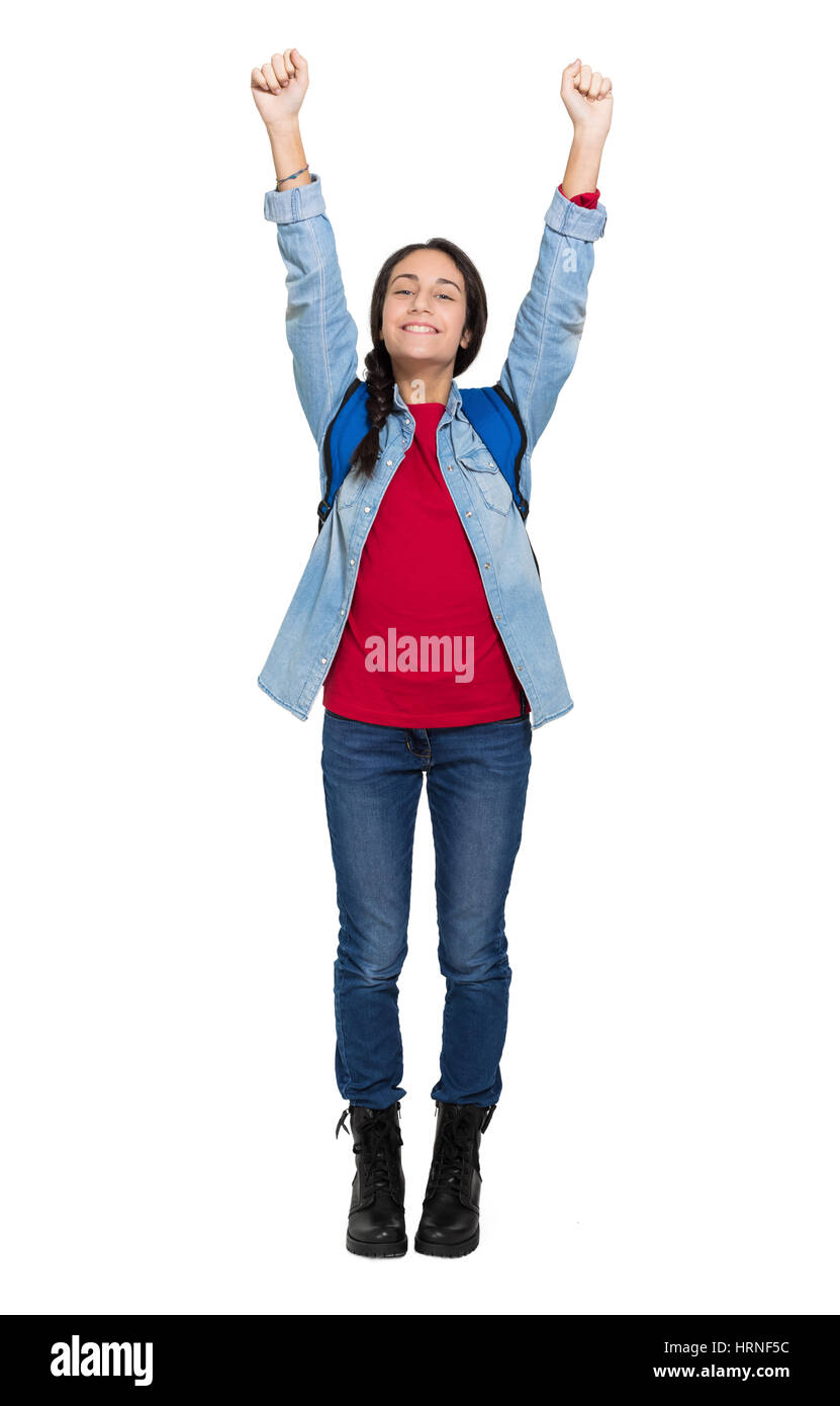 Happy young college student winner celebrating isolated on white ...