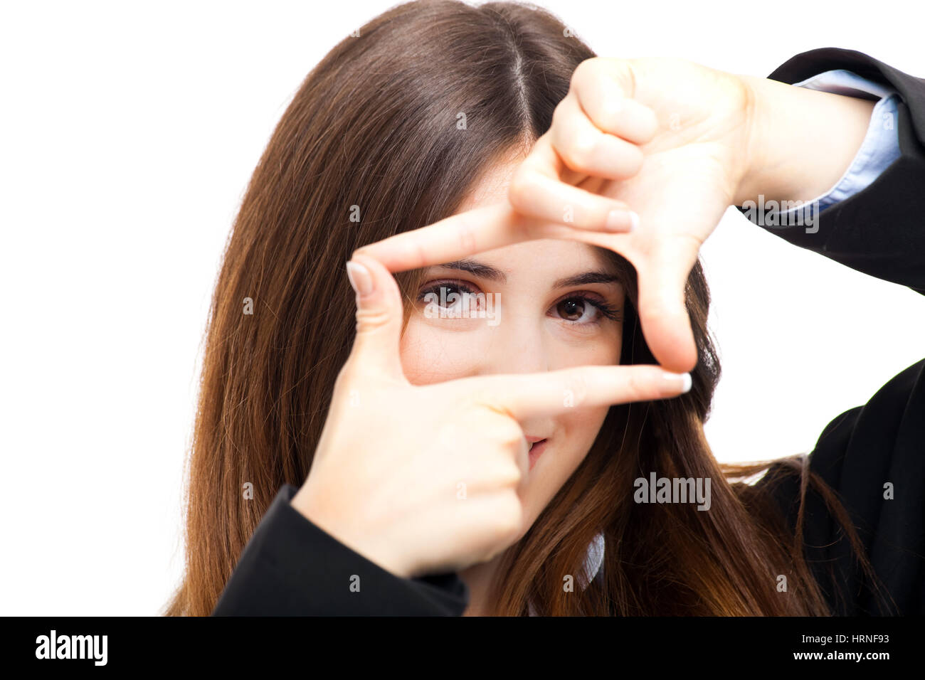 Friendly businesswoman gesturing a rectangle with her hands Stock Photo ...