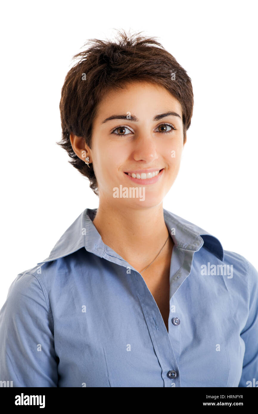 Smiling female manager on white background Stock Photo - Alamy