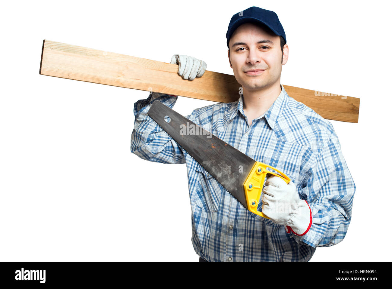 Carpenter with his tools isolated on white Stock Photo - Alamy
