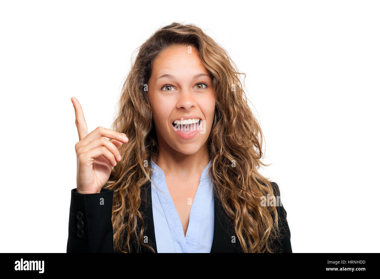 Business woman finding a solution on white background Stock Photo - Alamy