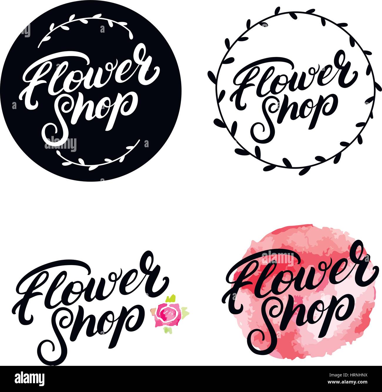 Set of Flower Shop hand written lettering logo, label, badge, emblem ...