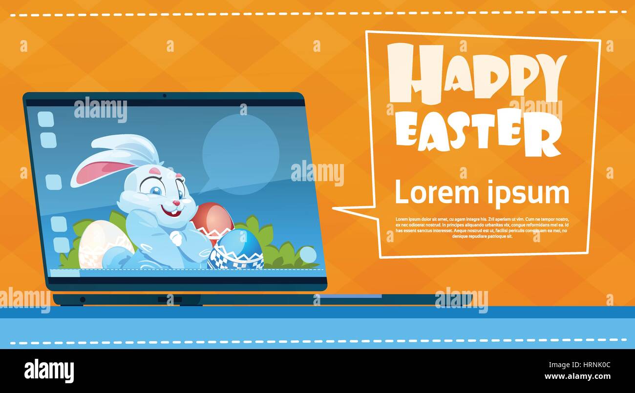 Laptop Computer Decorated Colorful Eggs Rabbit Easter Holiday Symbols ...