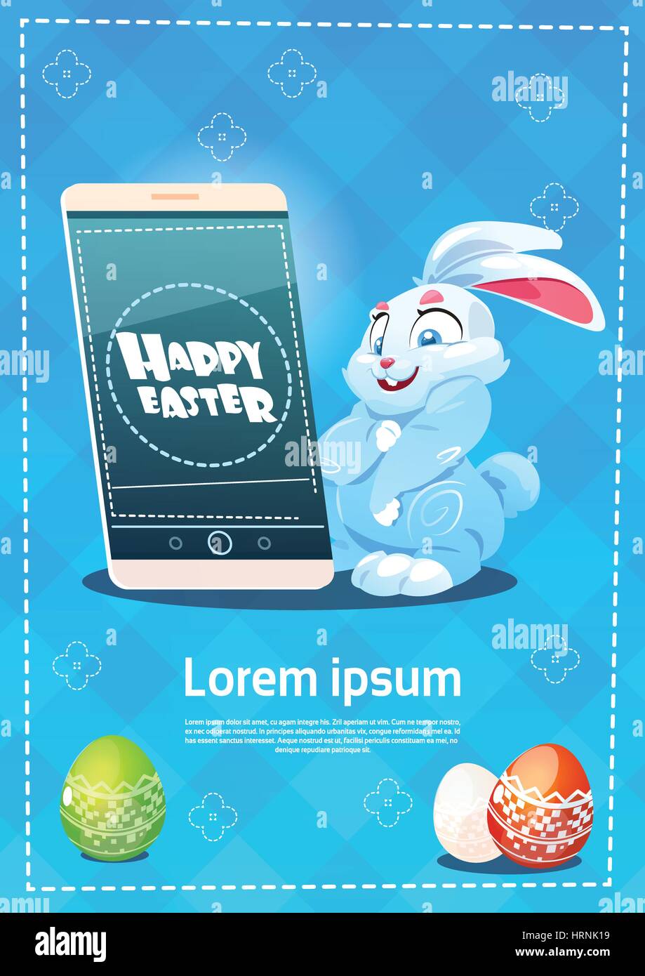 Rabbit Hold Cell Smart Phone Decorated Colorful Eggs Easter Holiday ...