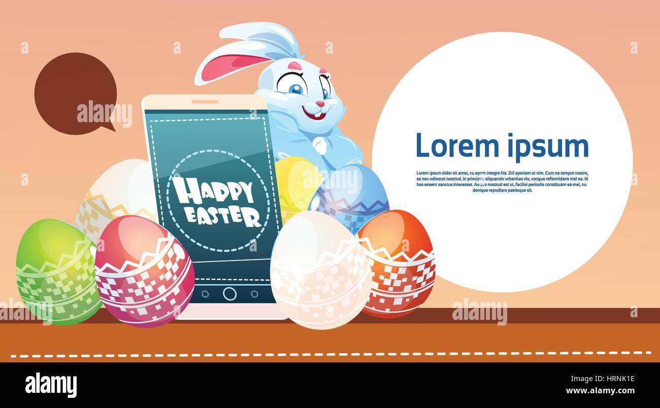 Rabbit Hold Cell Smart Phone Decorated Colorful Eggs Easter Holiday ...