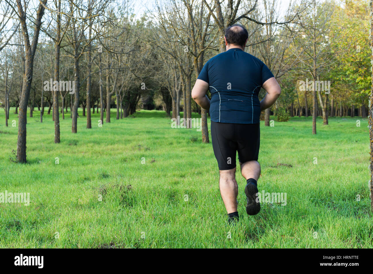 Big belly man jogging , exercising, doing cardio in the park , slightly ...