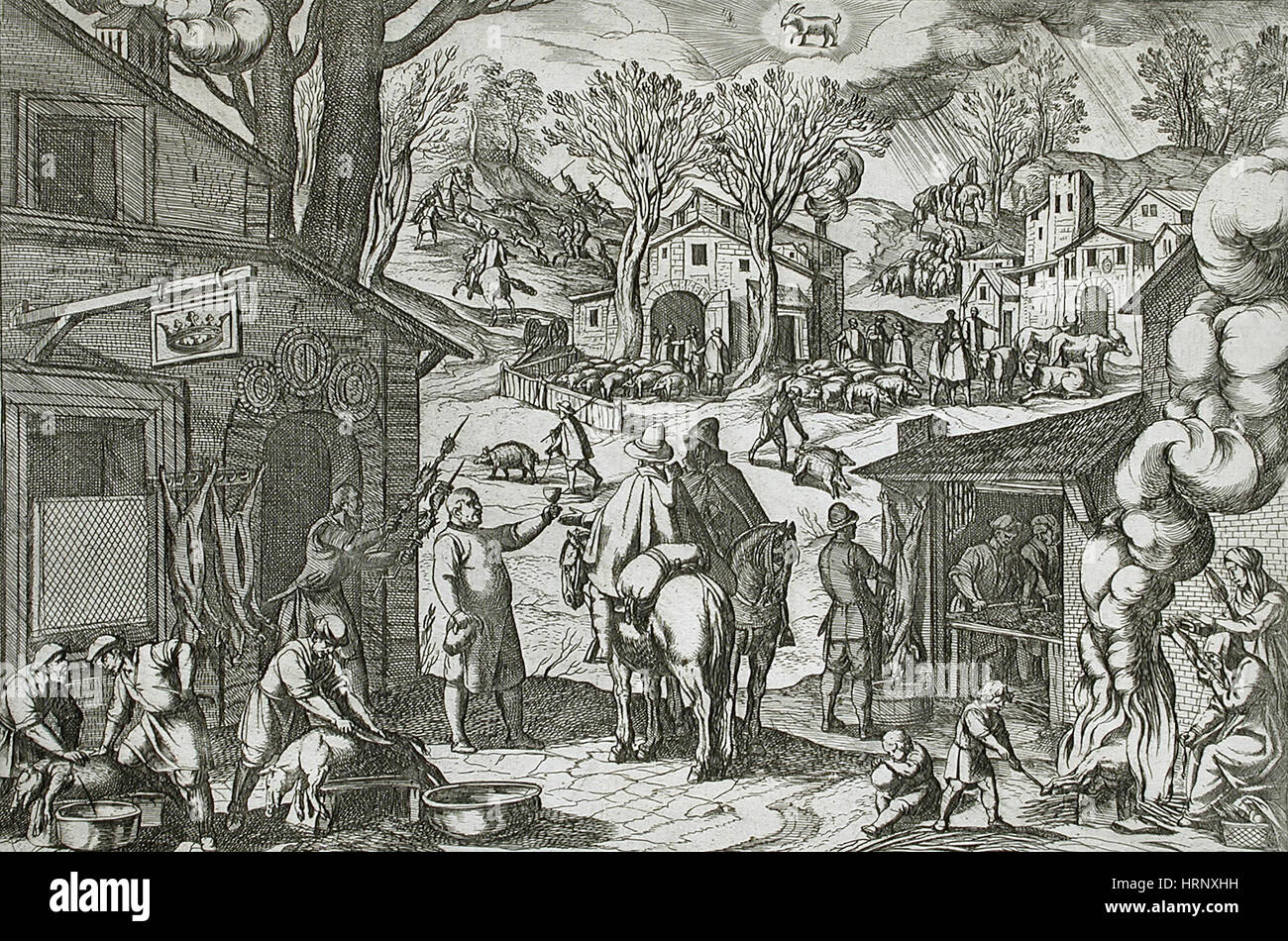 December, Village Scene, 16th Century Calendar Stock Photo - Alamy
