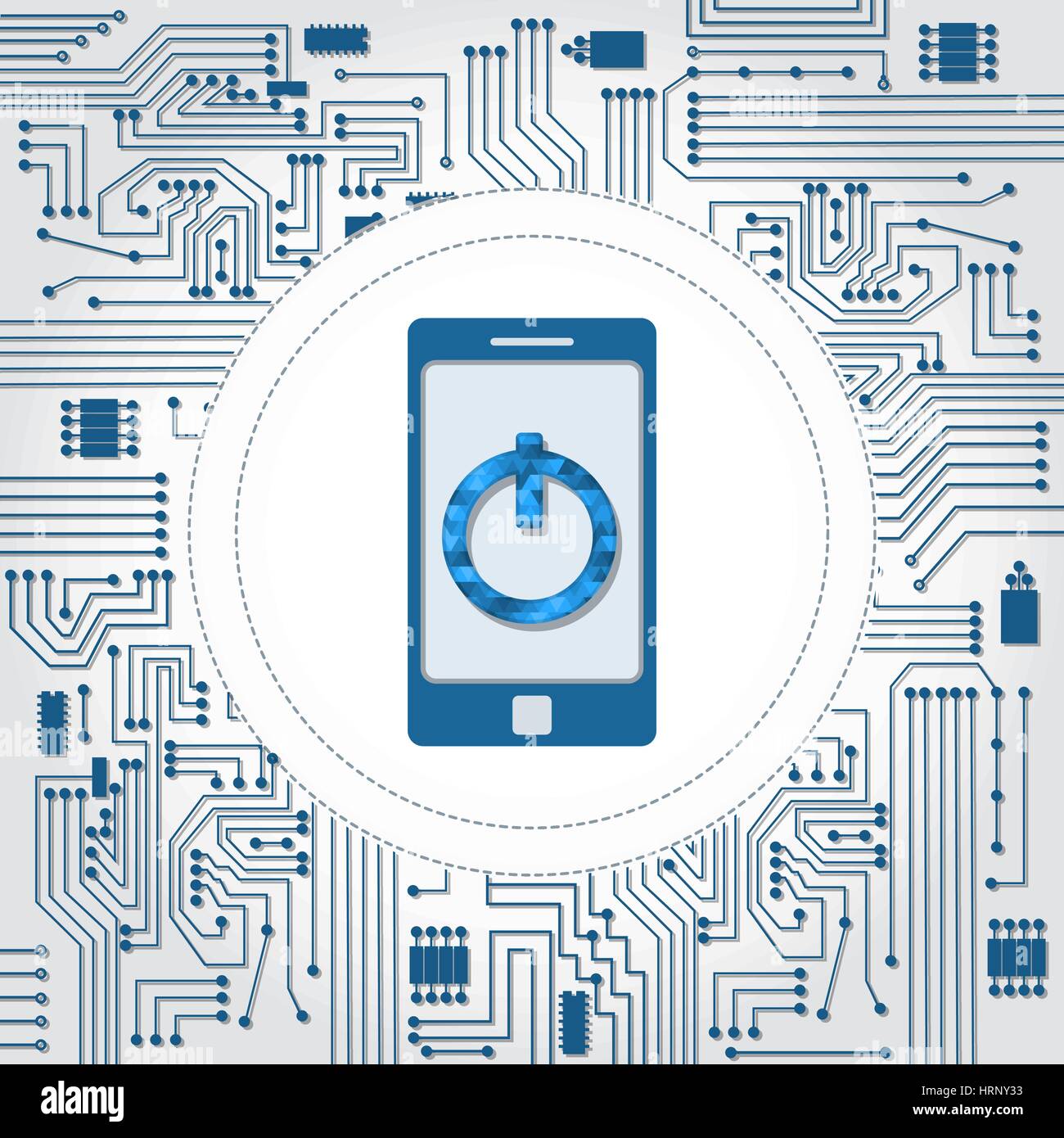 Electronics circuit background. Phone with on, off button on the screen ...