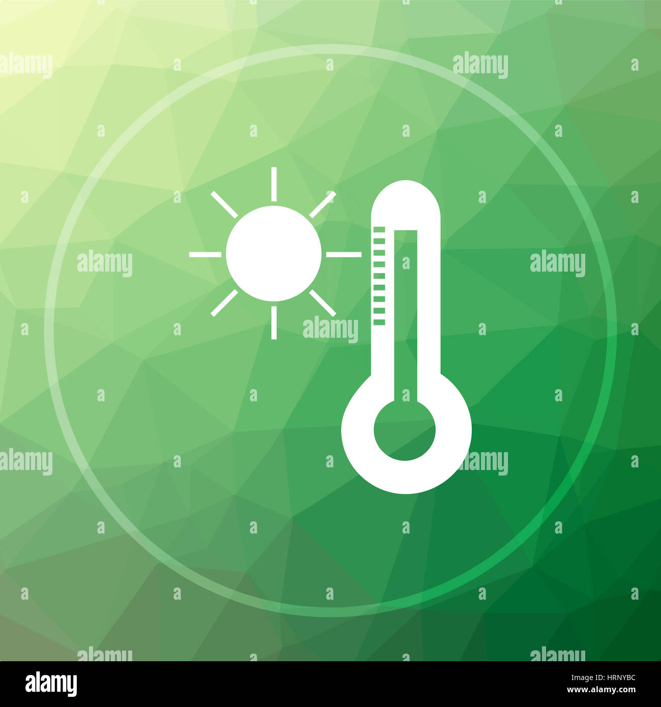Sun and thermometer icon. Sun and thermometer website button on green ...