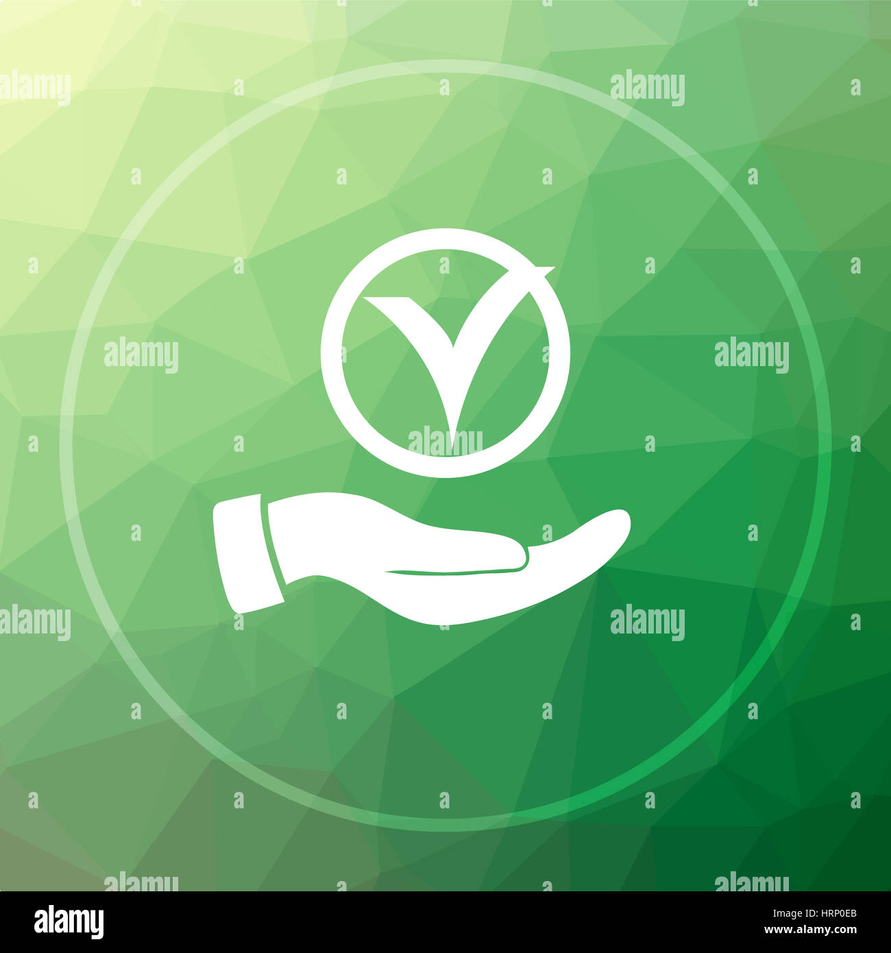 Tick with hand icon. Tick with hand website button on green low poly ...