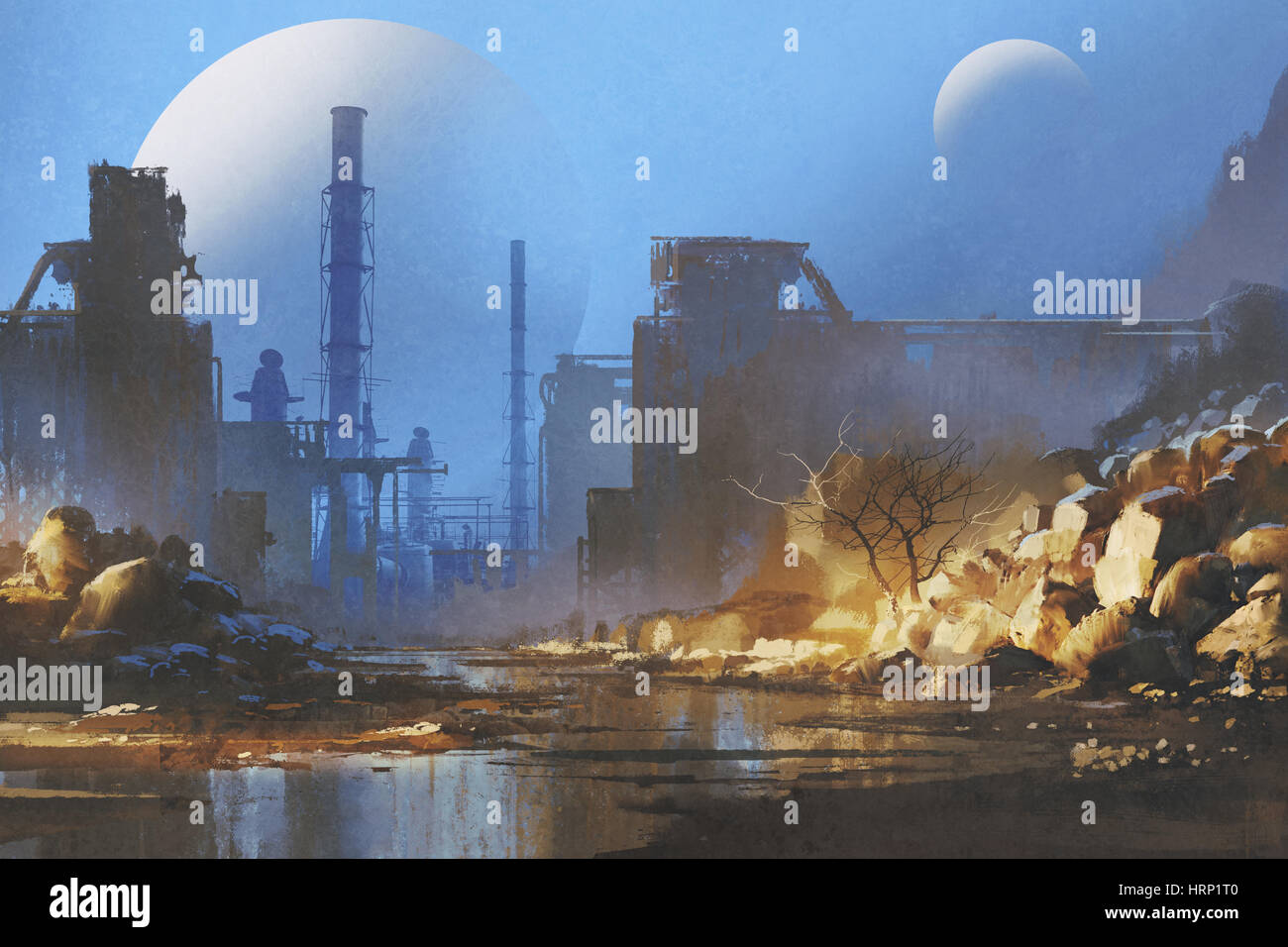 sci-fi scenery of the way to abandoned industrial buildings with ...