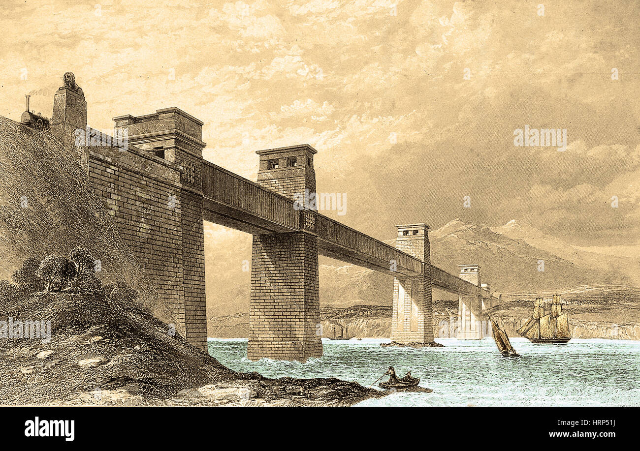 Britannia Bridge across Menai Strait, 1850 Stock Photo - Alamy