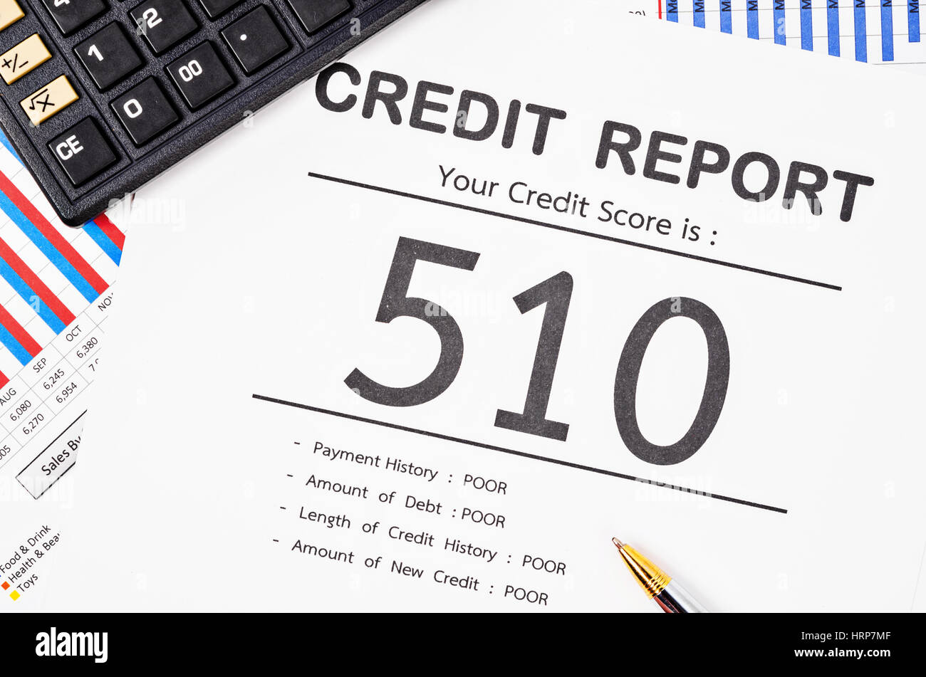 Credit score report with calculator and pen on business report document ...