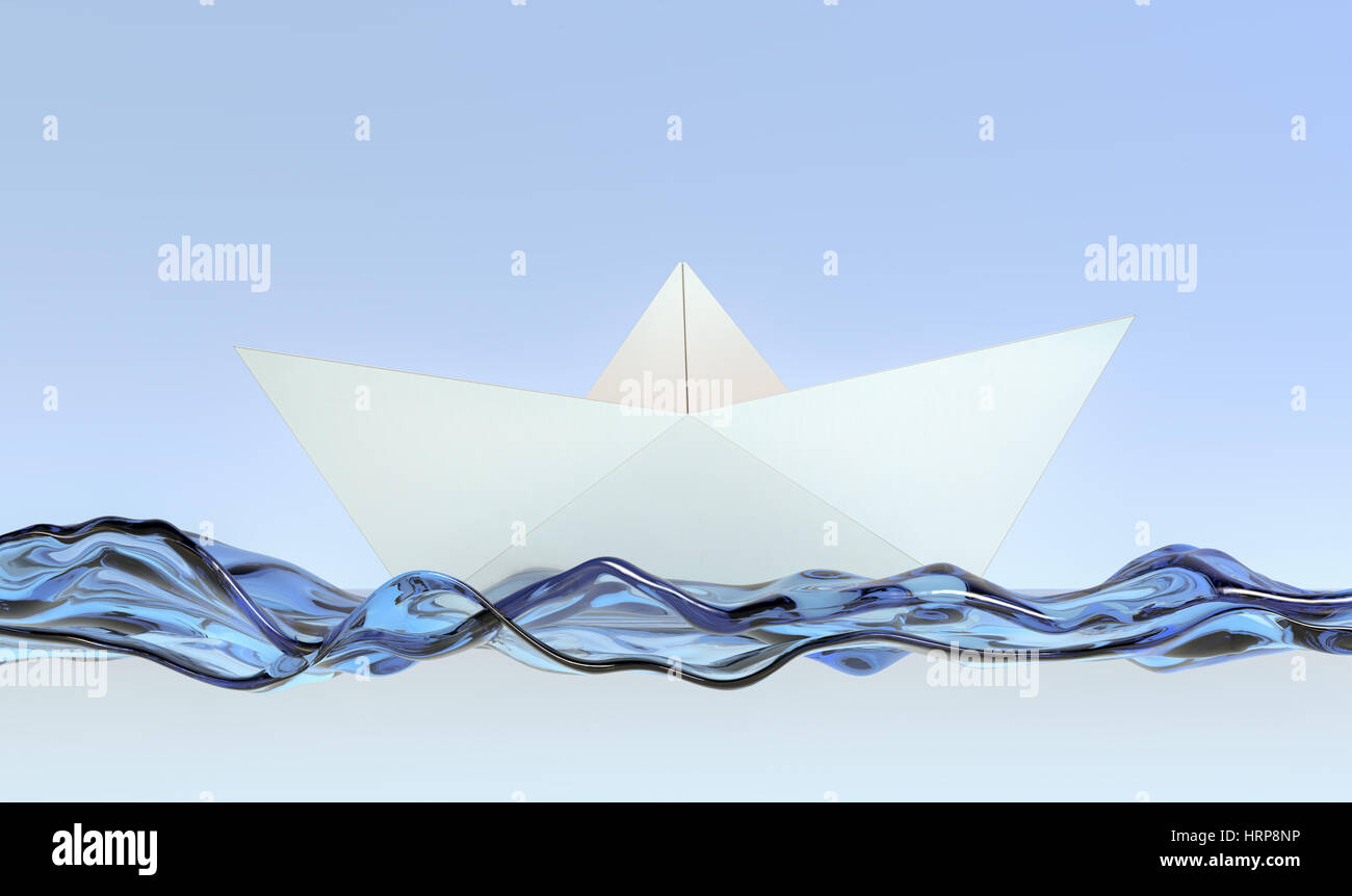 front view of a paper boat with stylized water, light blue background ...