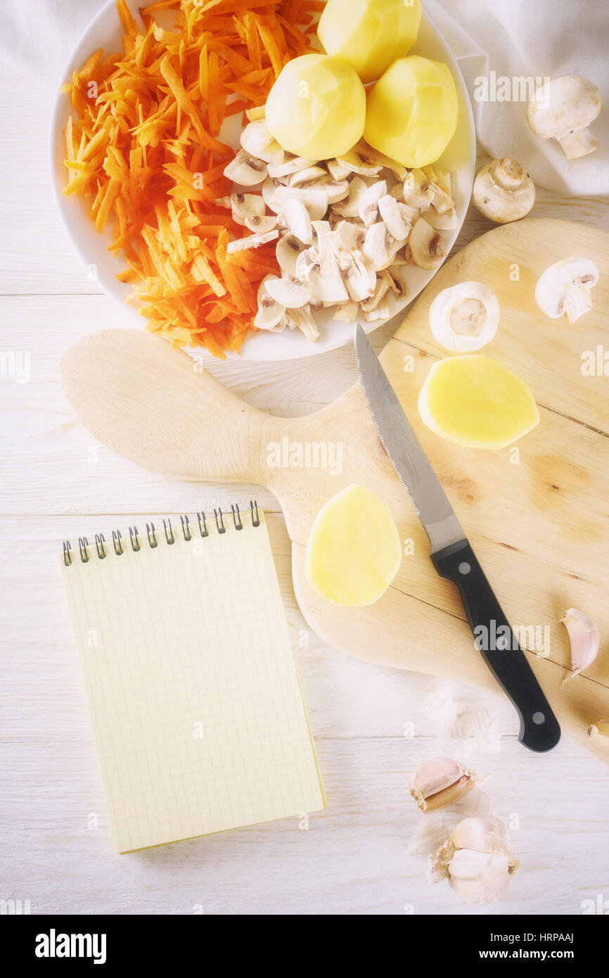 ingredients for soup and white notepad copyspace Stock Photo - Alamy