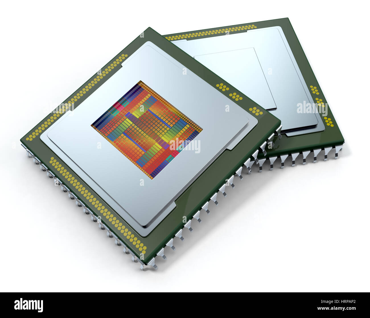 two CPUs on white background, one cpu is without the cover and the ...