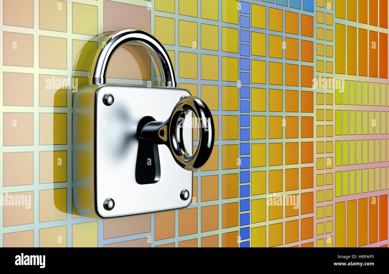 one padlock with a cpu circuit (die) on background, concept of computer ...