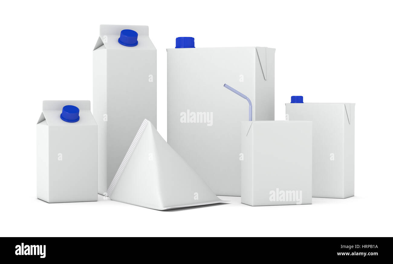 set of tetrapack packages in different shapes (3d render Stock Photo ...