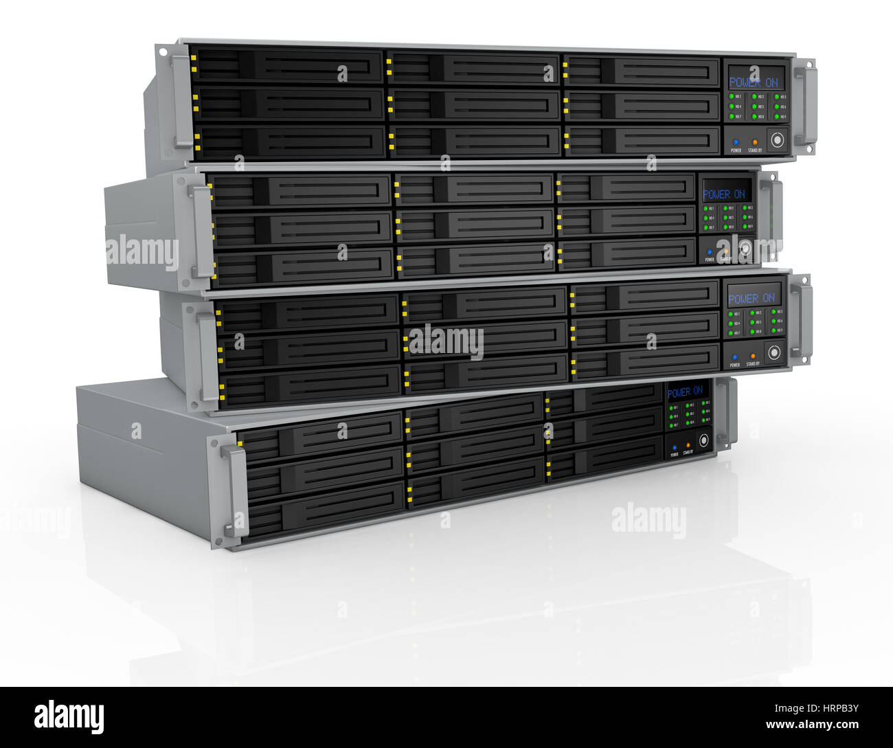front view of four server racks with nine hd slots, powered on (3d ...