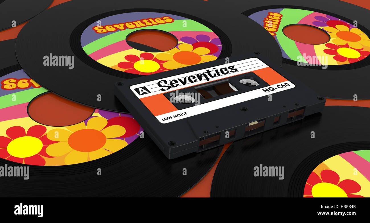 one compact cassette and some vinyl records with text: seventies (3d ...