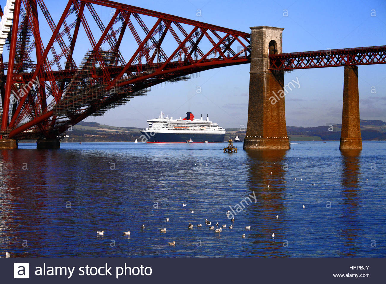 Cruise Liner Queen Mary 2 anchored beneath the Forth Bridge, Scotland ...