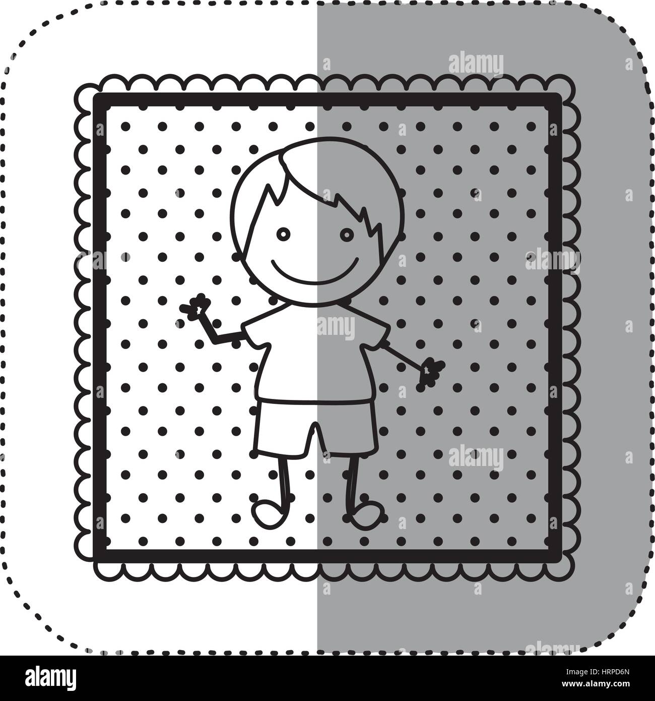 monochrome sticker in square frame and dotted with hand drawn boy Stock ...