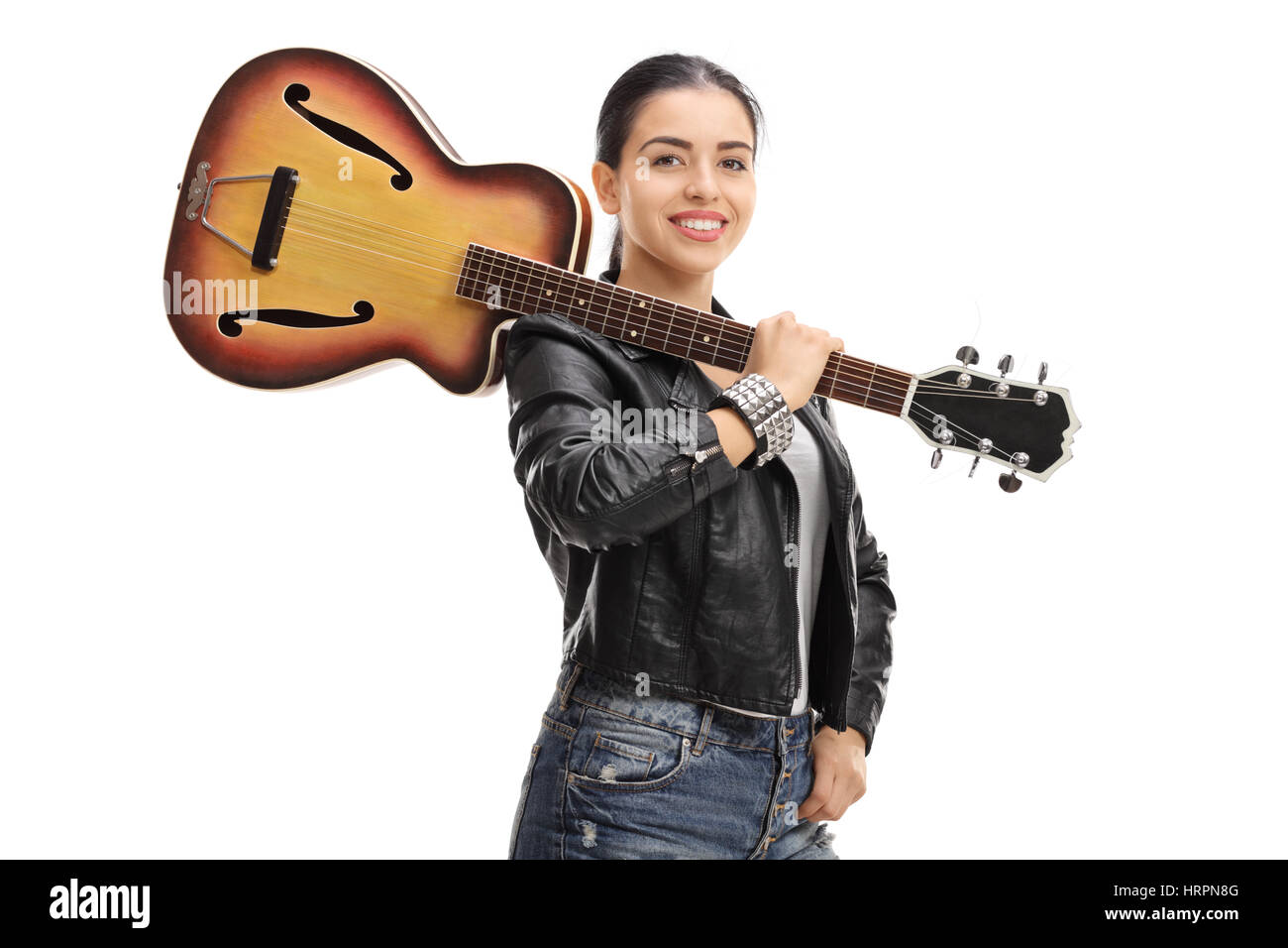Joyful rock girl with a guitar isolated on white background Stock Photo ...