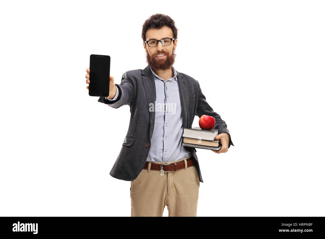 Young teacher showing a phone isolated on white background Stock Photo ...