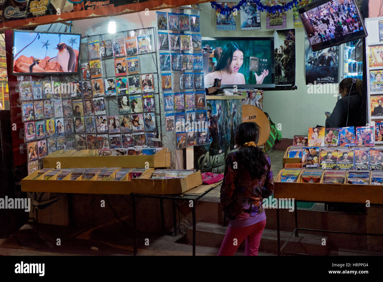 DVD stall in the resort of Copacabana on Lake Titicaca, Bolivia Stock ...