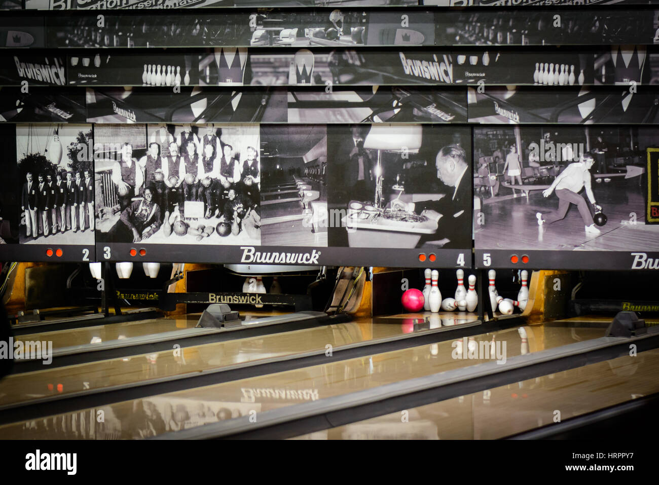 Rome, Italy - December 03, 2016: during a bowling game, the tracks of ...