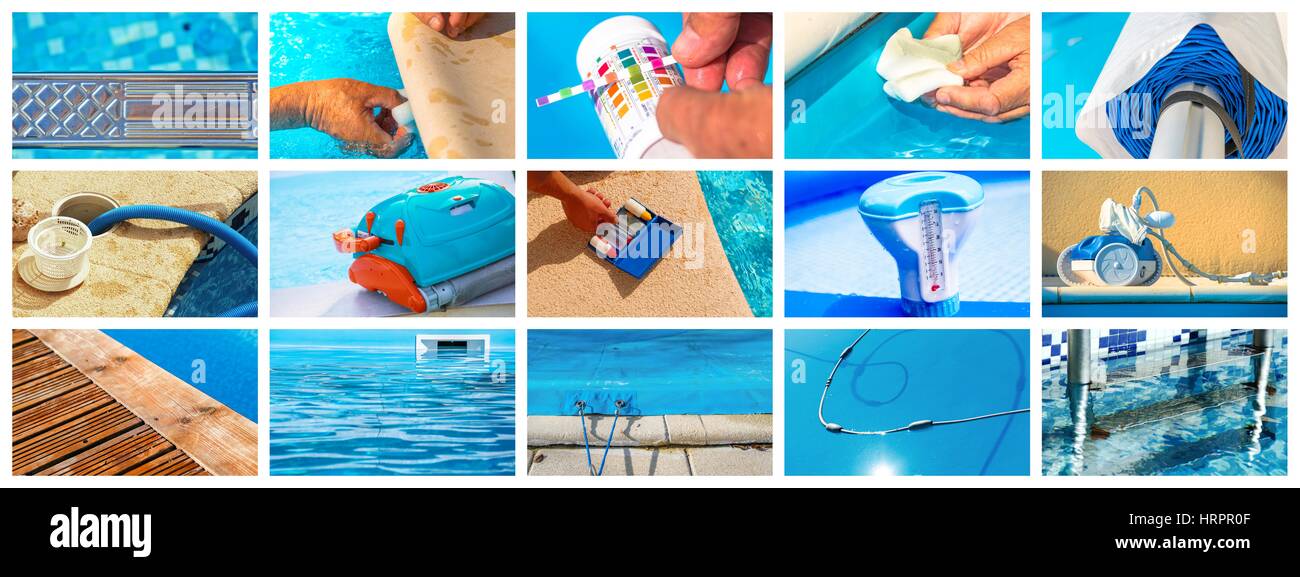 Collage close-up maintenance of a private pool Stock Photo - Alamy