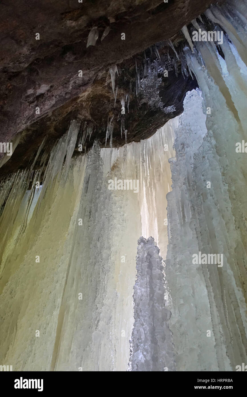 Close-up of an ice formation at an ice cave in the upper peninsula of ...