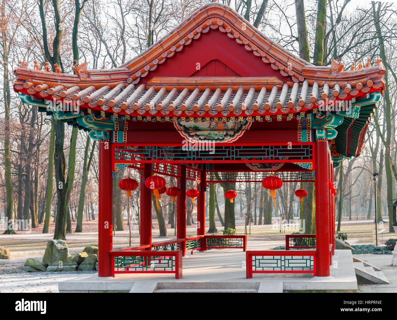 Traditional Chinese pavilions in Lazienki Park in Warsaw Stock Photo ...