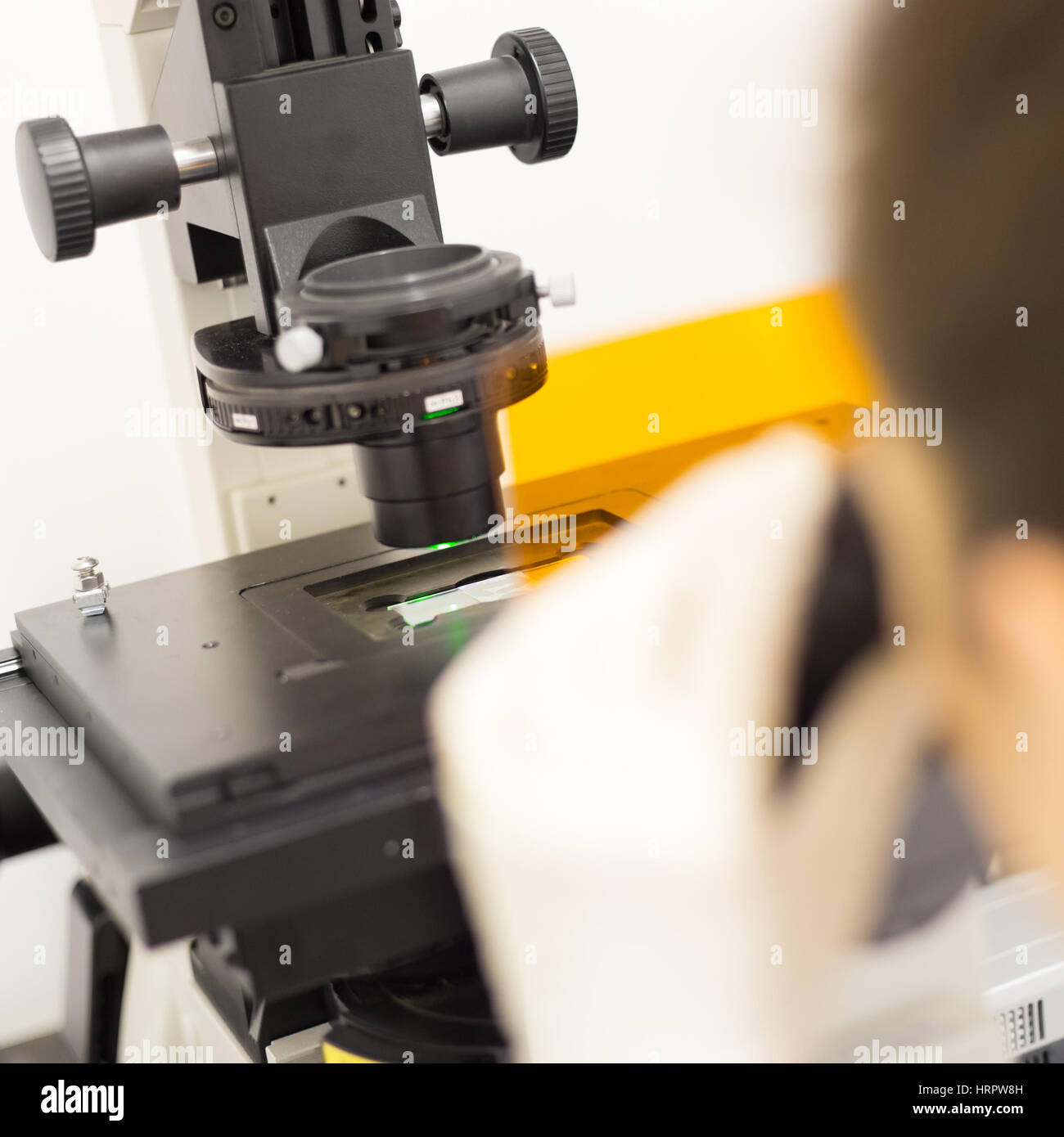 Life science female researcher microscoping in scientific genetic ...