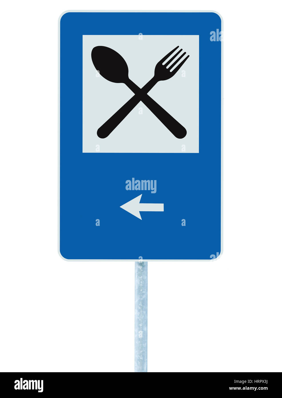Restaurant sign on post pole, traffic road roadsign, blue isolated ...