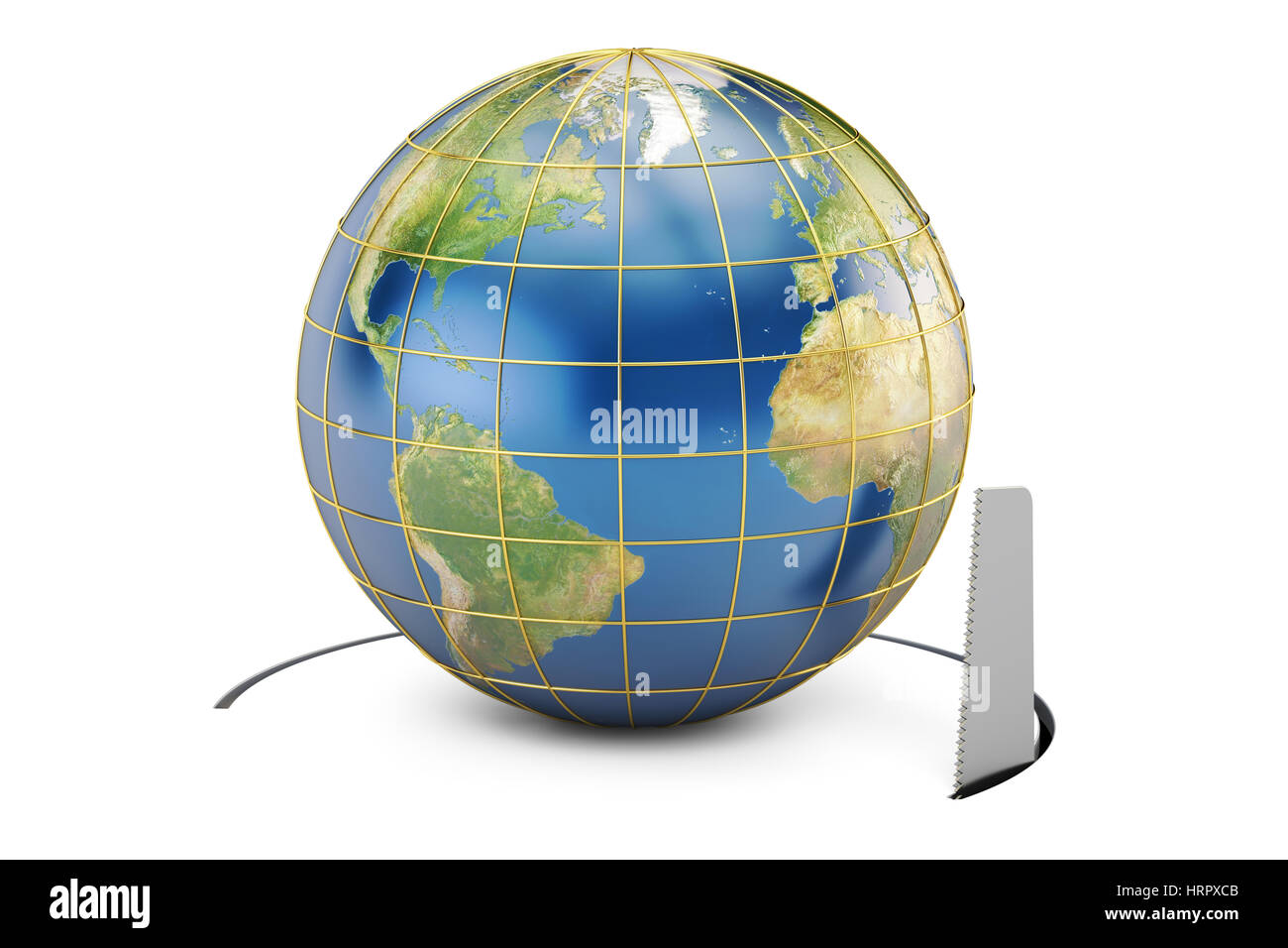 Earth Globe with cutting saw, 3D rendering isolated on white background ...