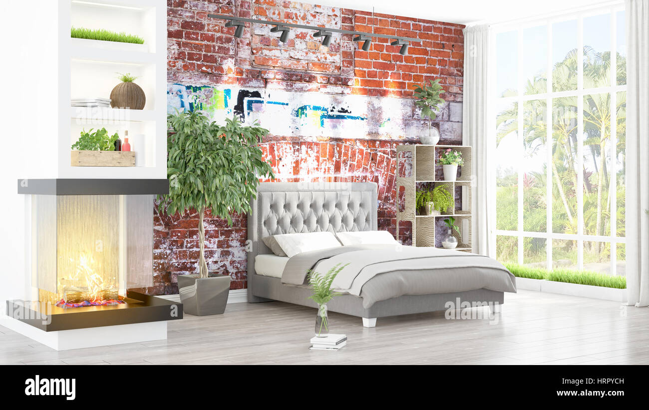 Beautiful modern living room interior with fireplace. 3D rendering ...