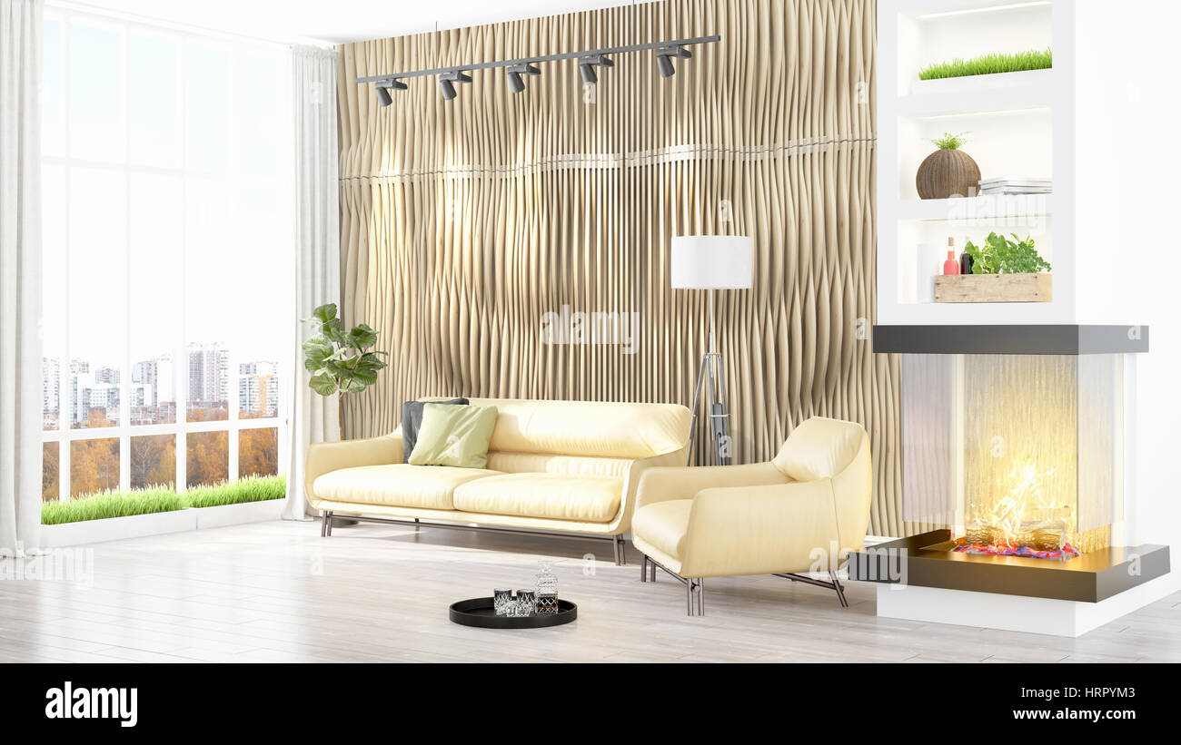 Beautiful modern living room interior with fireplace. 3D rendering ...