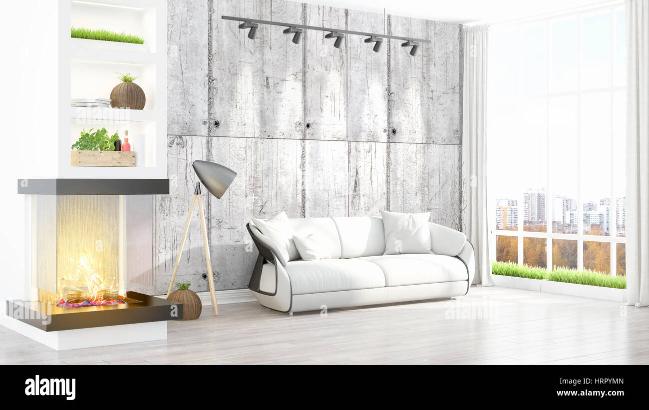 Beautiful modern living room interior with fireplace. 3D rendering ...