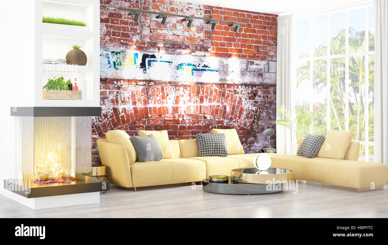 Beautiful modern living room interior with fireplace. 3D rendering ...