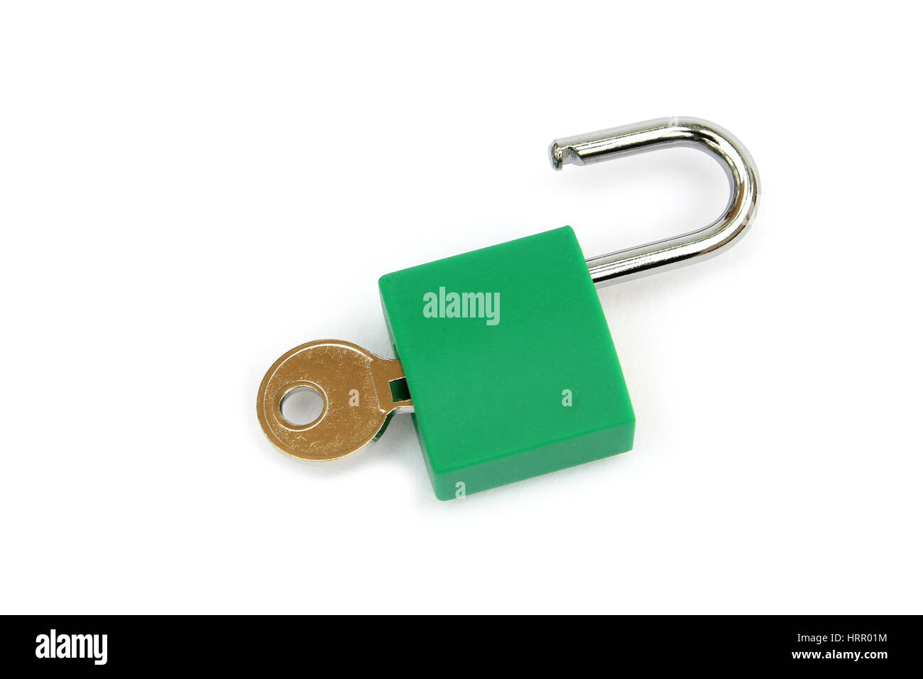 Green padlock, unlocked with key, on white background Stock Photo - Alamy