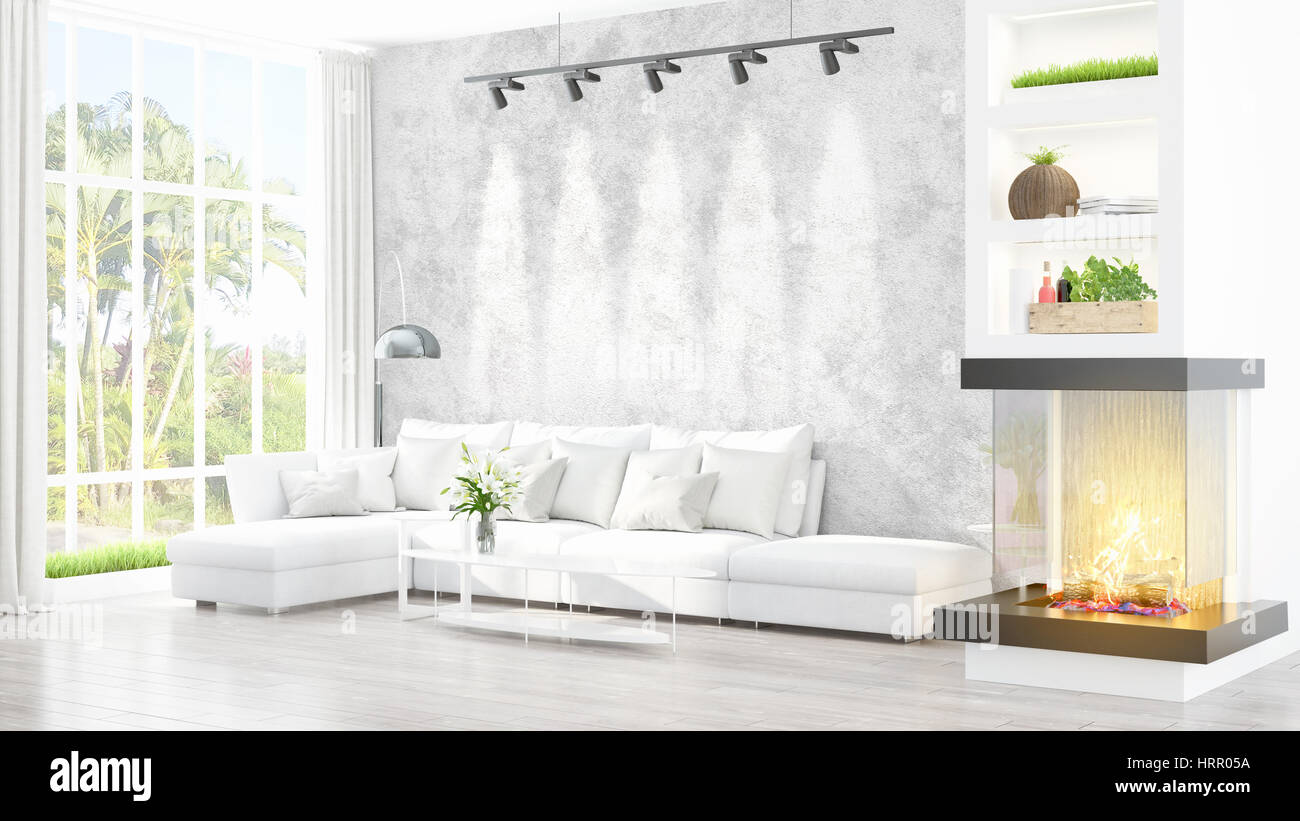 Beautiful modern living room interior with fireplace. 3D rendering ...