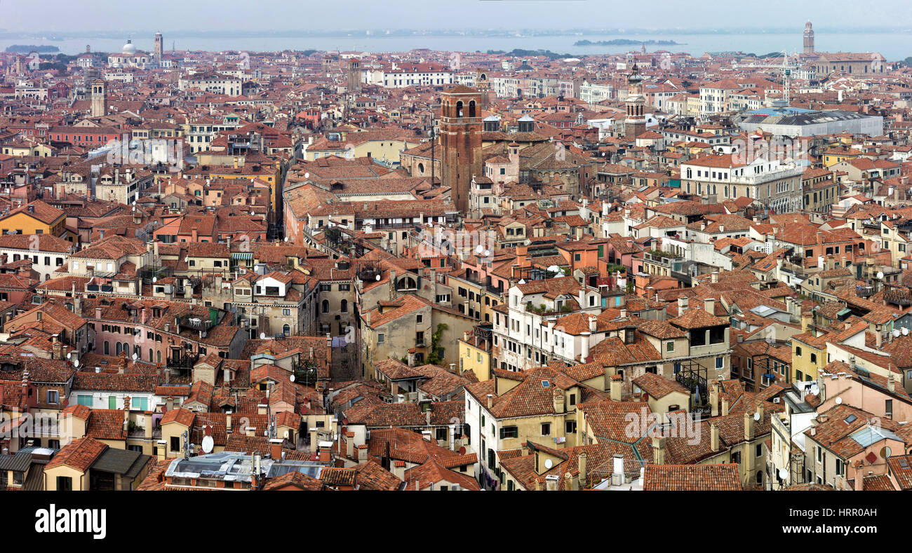 Panoramic view of Venice rooftops seen from the bell tower in St. Mark ...