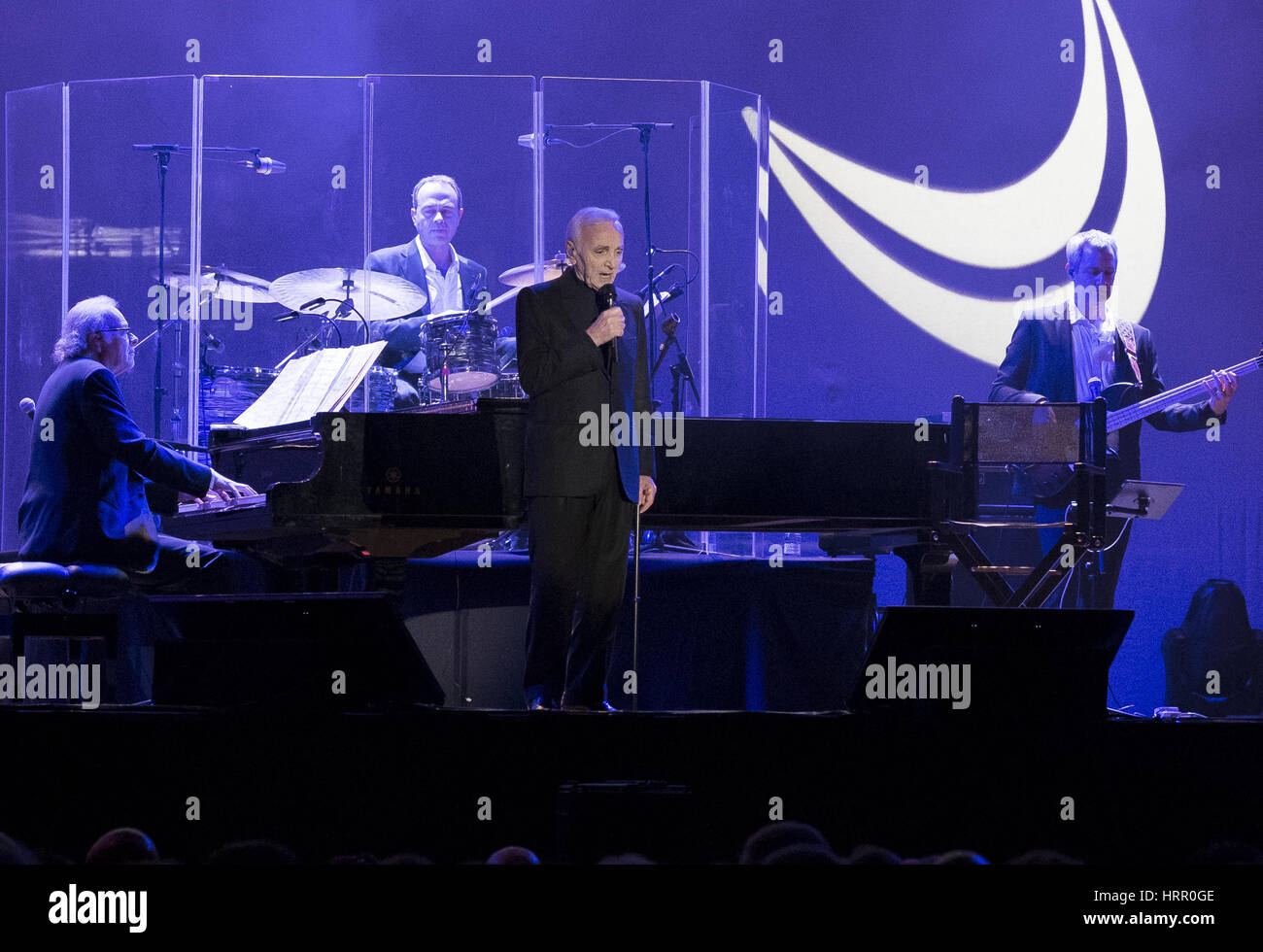 French singer Charles Aznavour of 92 years old, performs on stage ...
