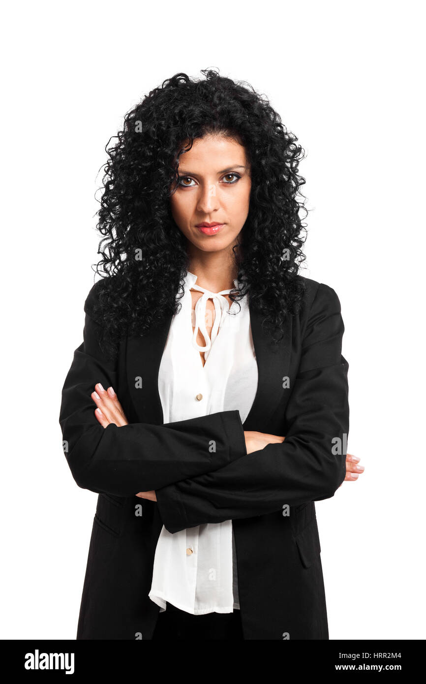 Friendly female manager on white background Stock Photo - Alamy